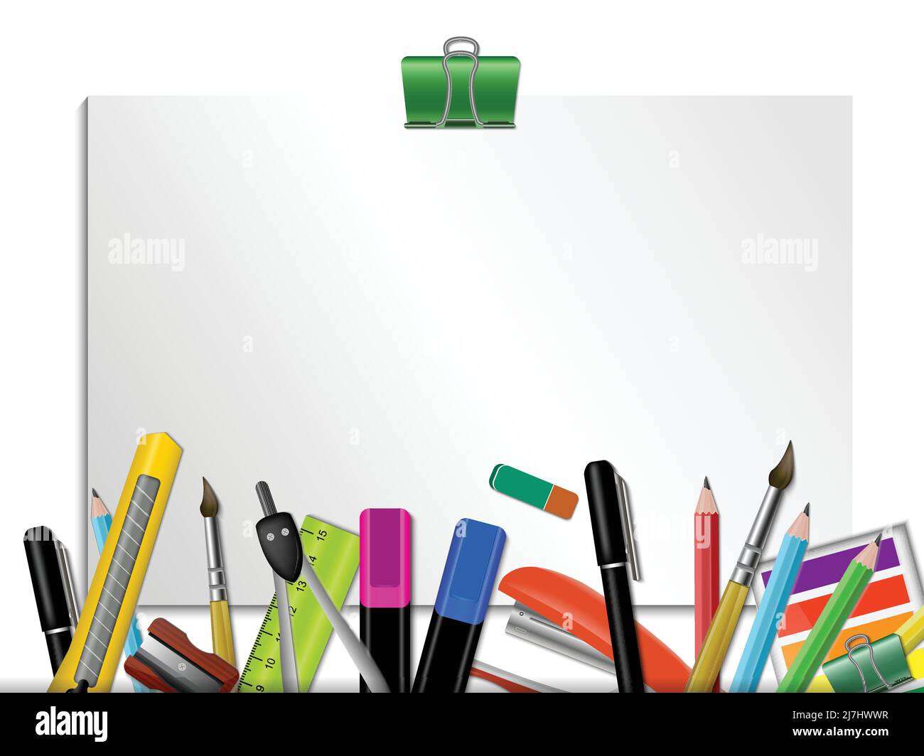 Stationery Colored Background with set of writing utensils on white ...