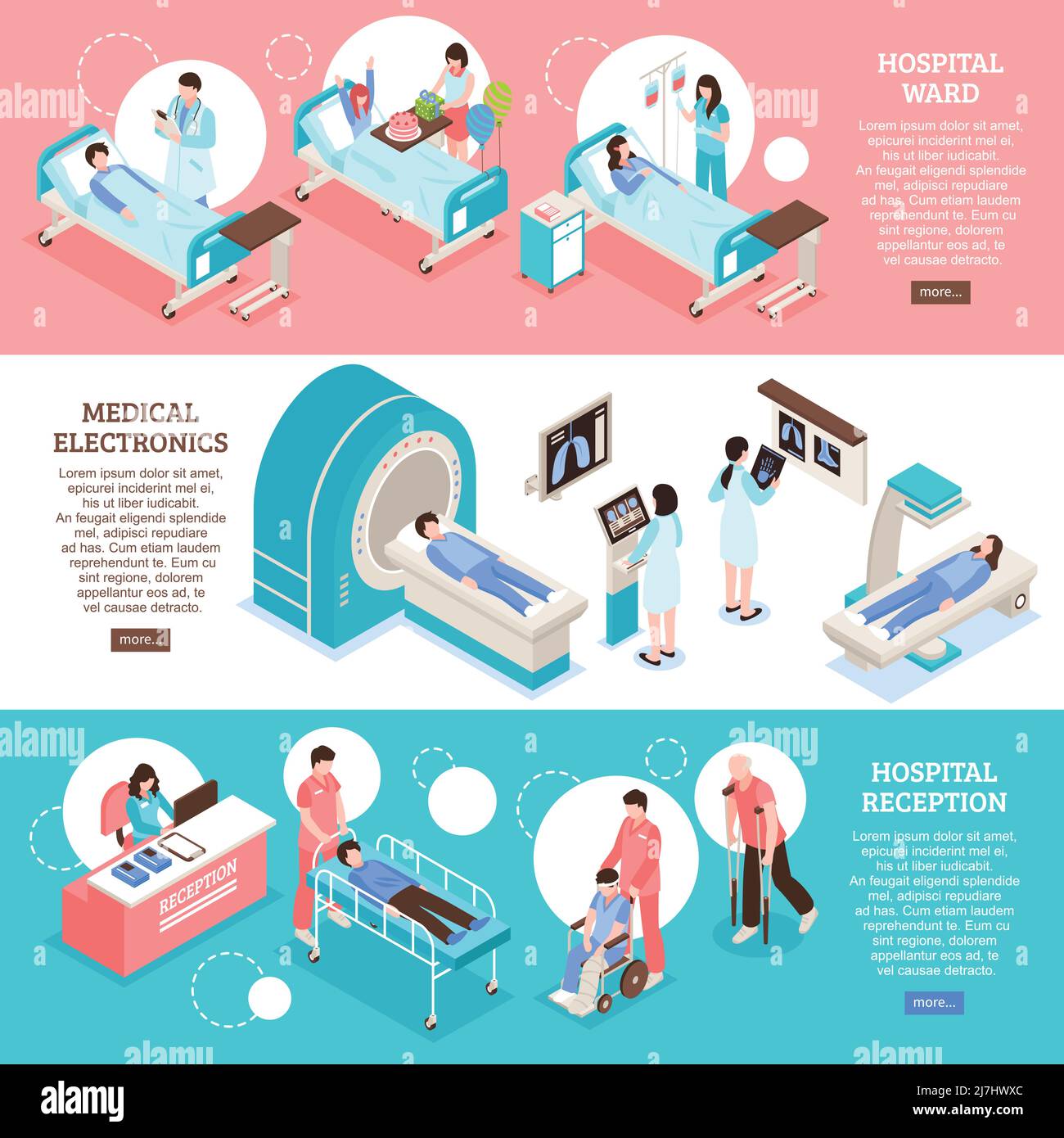 Hospital horizontal banners set with hospital ward symbols isometric ...