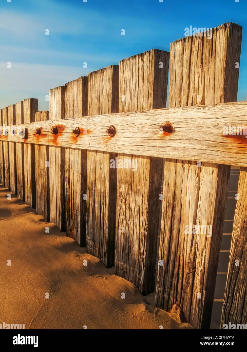 Weathered wooden fence posts in sand used as a groyne Stock Photo - Alamy