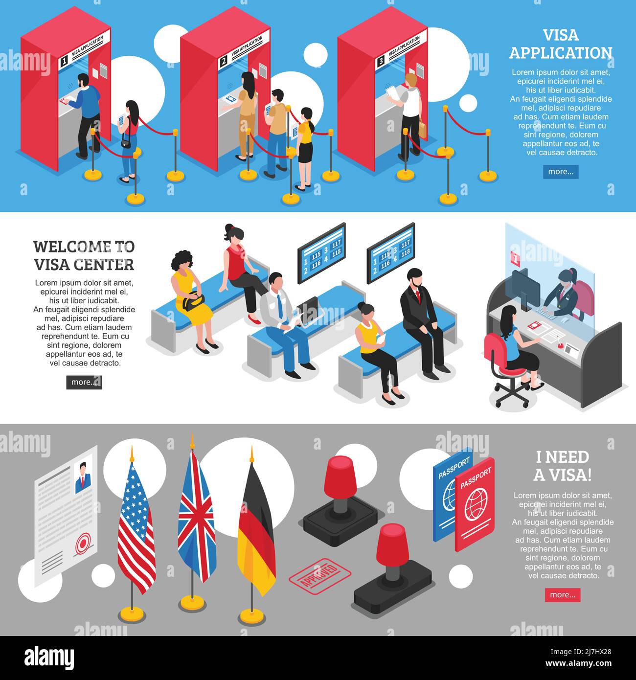 Visa center horizontal banners set with application symbols isometric ...