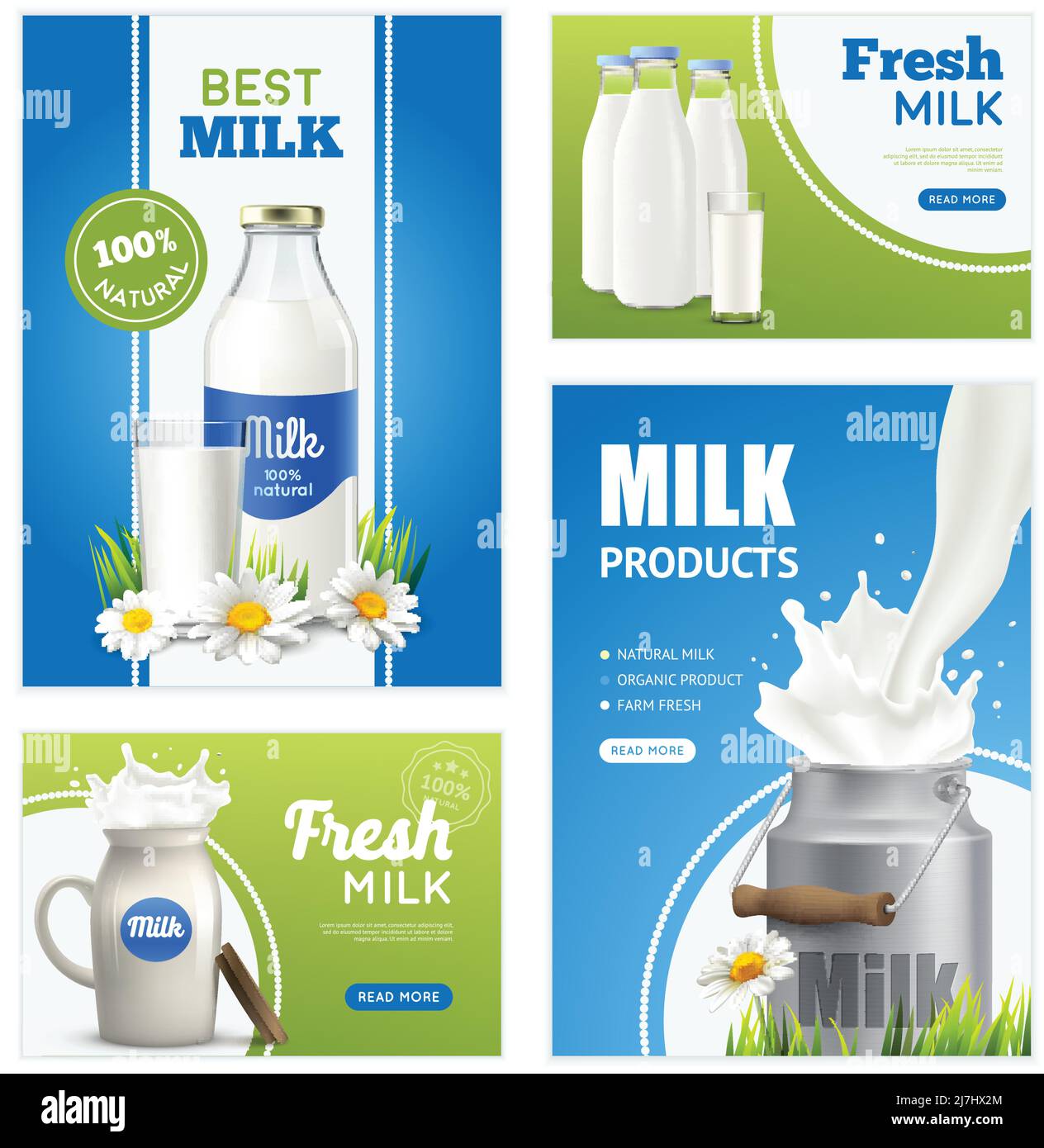 Milk product vertical banners set with branded milk bottles cream can ...