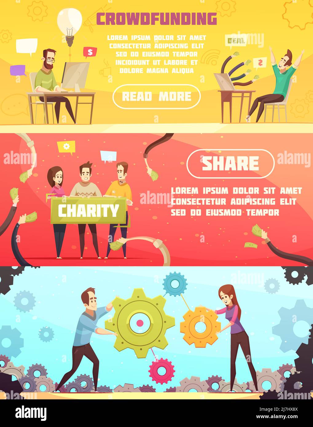 Crowdfunding horizontal banners with cartoon characters of creative ...