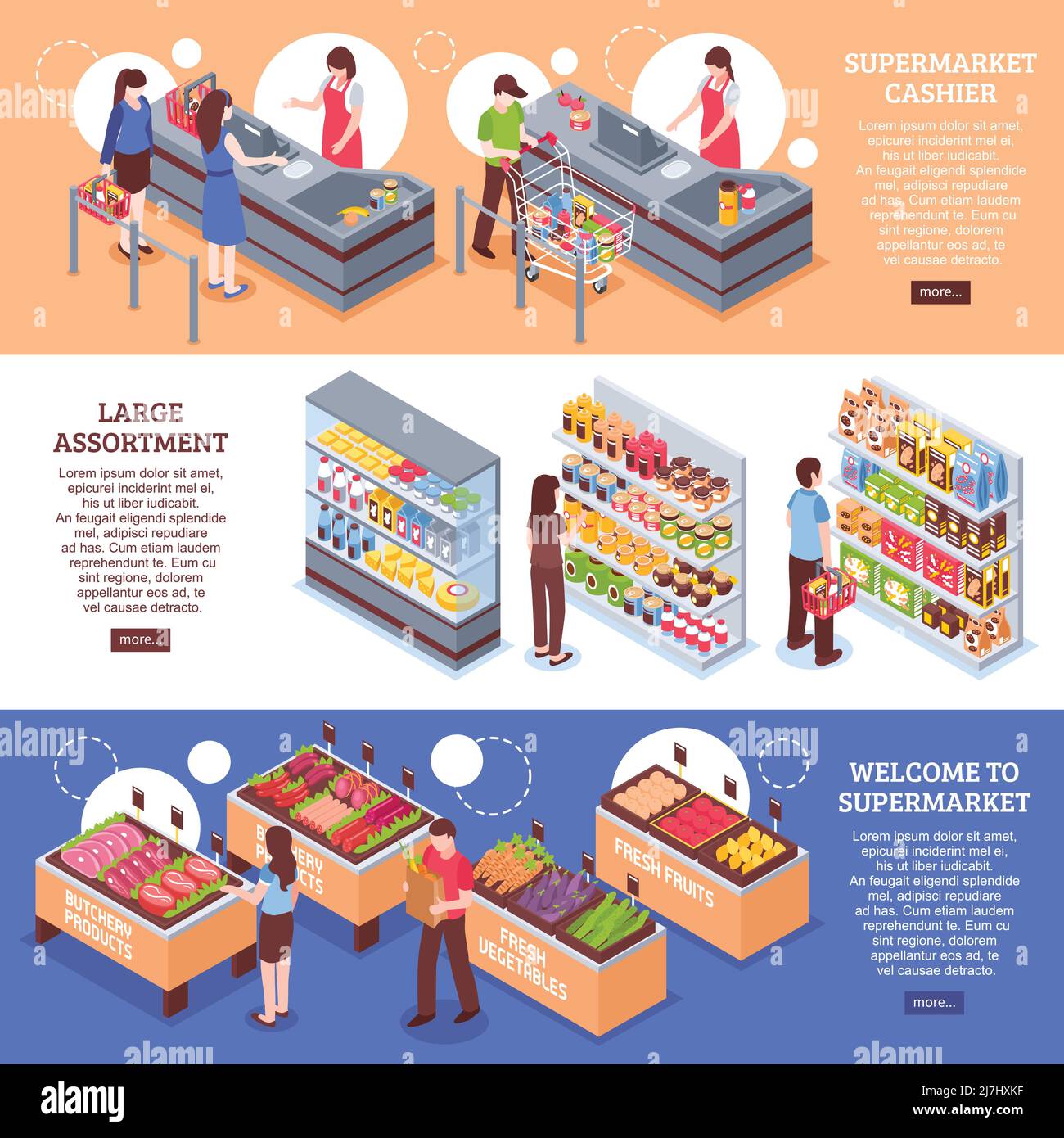 Supermarket horizontal banners set with cashier symbols isometric ...