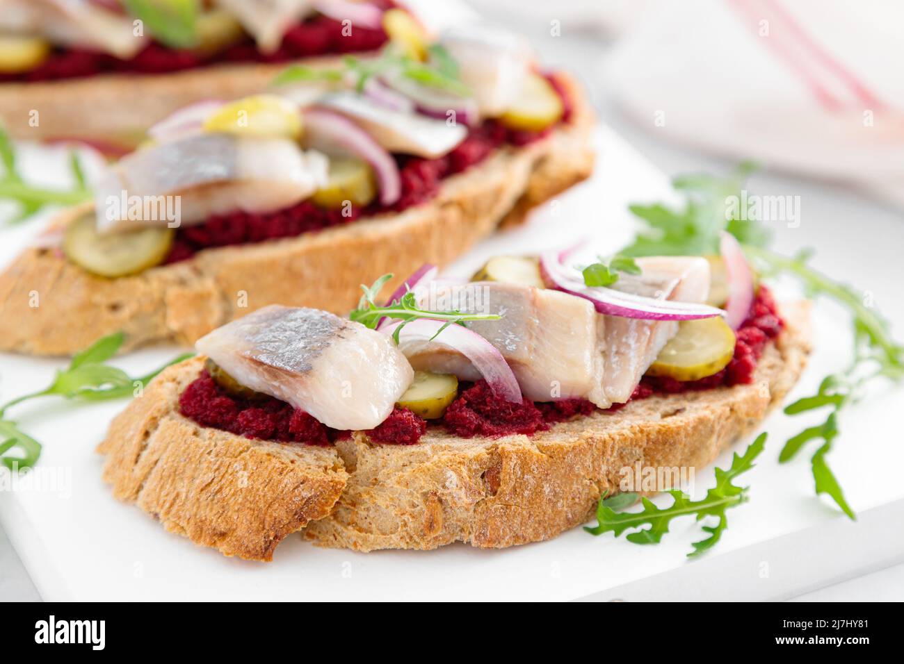 Sandwiches, toasts with salted herring and beetroot pate Stock Photo ...