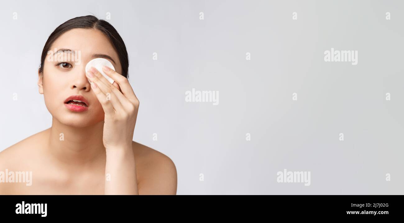 Skin Care Woman Removing Face Makeup With Cotton Swab Pad Skin Care