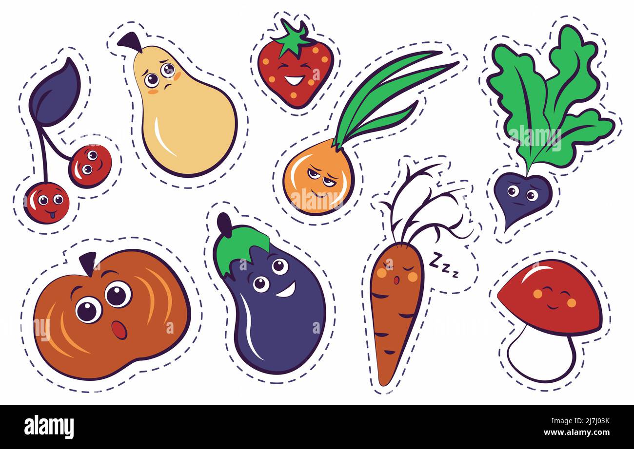 Funny cartoon stickers with vegetables and fruits Stock Vector Image ...