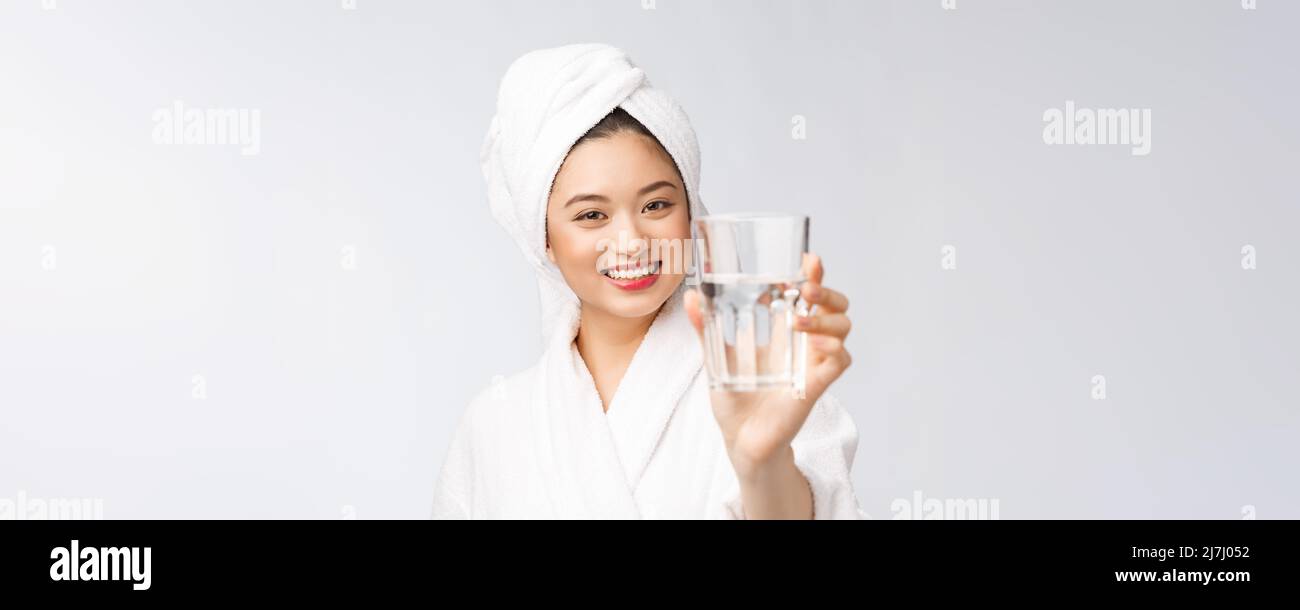 Healthy young beautiful woman drinking water, beauty face natural ...