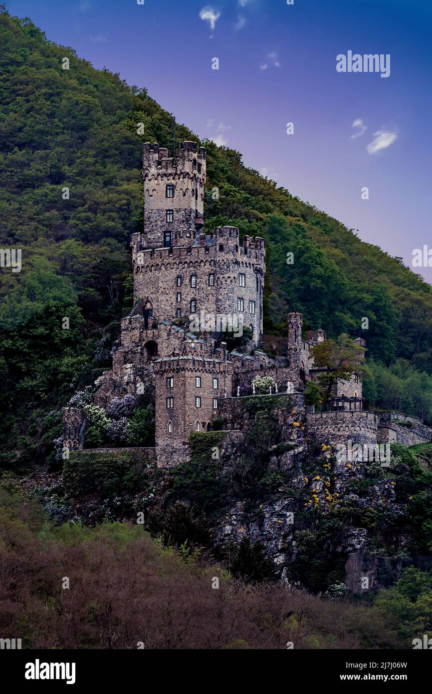 Sooneck Castle on the bank of the Middle Rhine River in Germany Stock ...