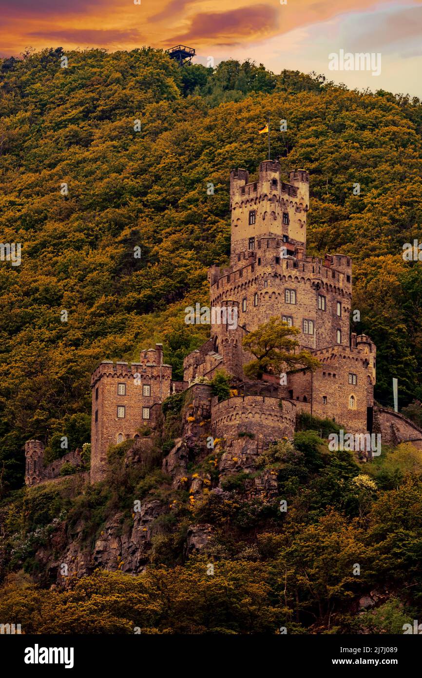 Sooneck Castle on the bank of the Middle Rhine River in Germany Stock ...