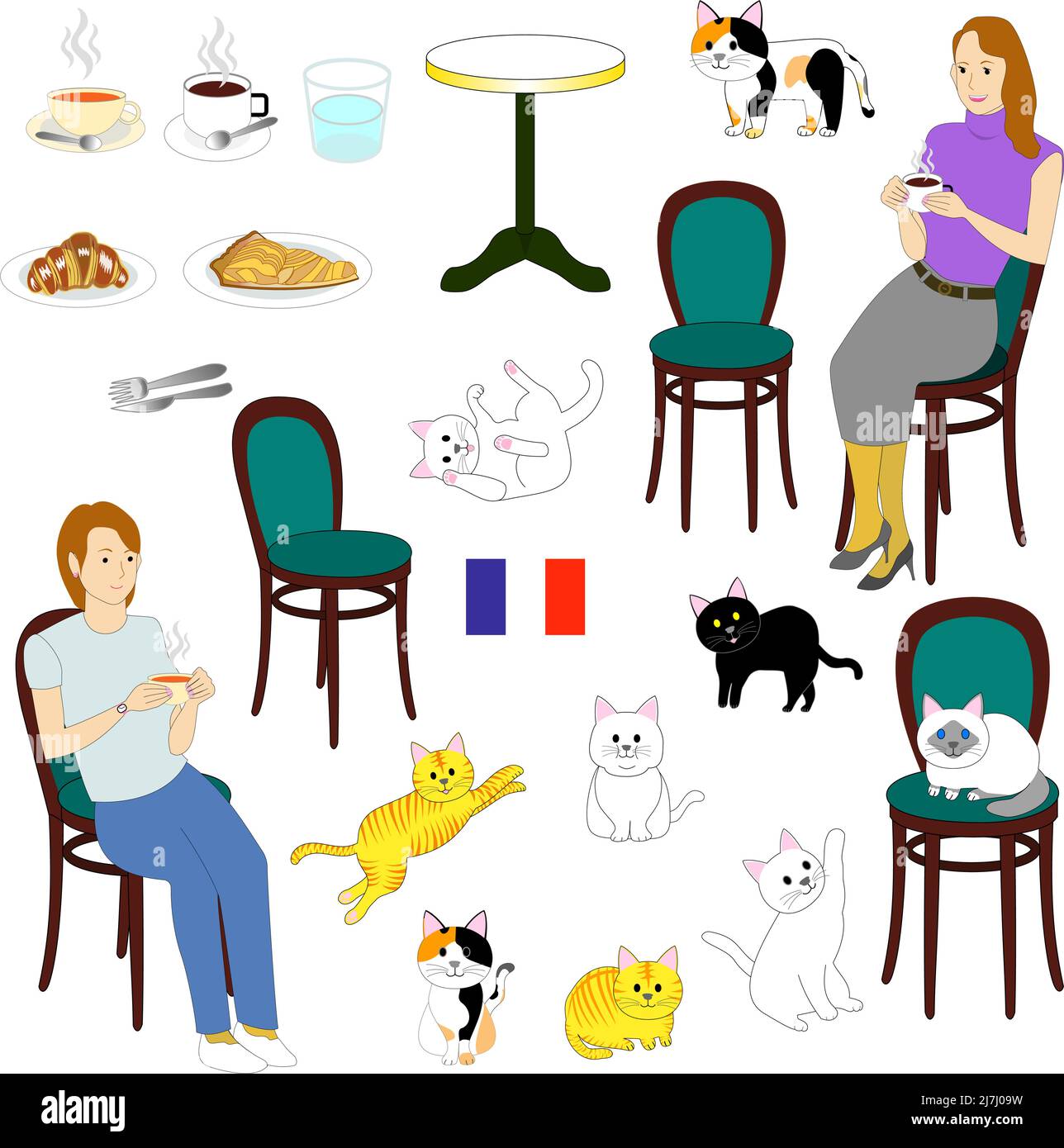 A set of Cat cafe with a white background: foods, drinks, women, cats ...