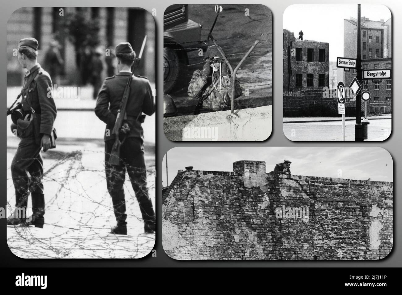 Soldiers building the Berlin Wall by erecting barbed iron walls and ...