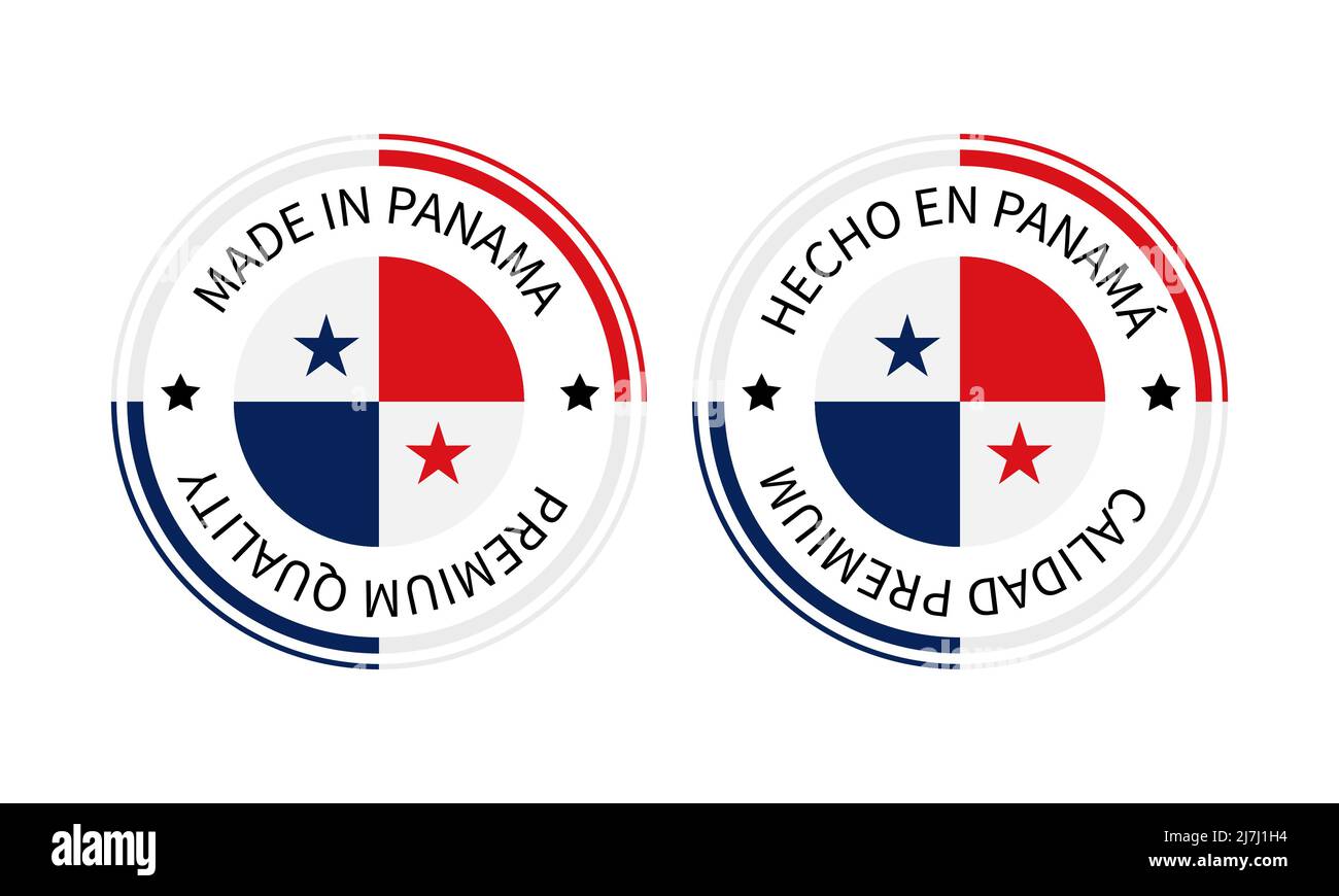 Made in Panama round labels in English and in Spanish languages ...