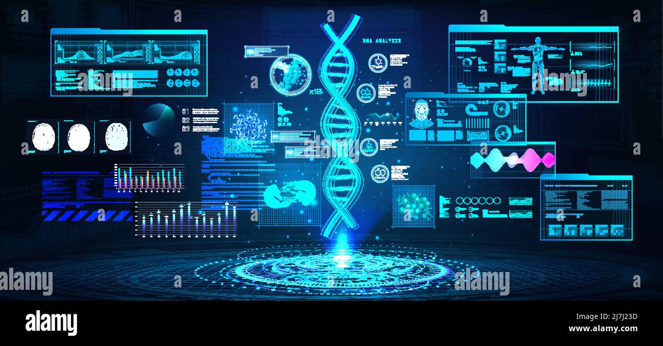 Hi-tech healthcare diagnostic. HUD, UI, GUI interface and DNA scan ...