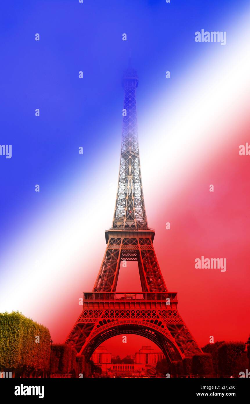 Eiffel Tower with blue, white, and red French Flag background Stock ...