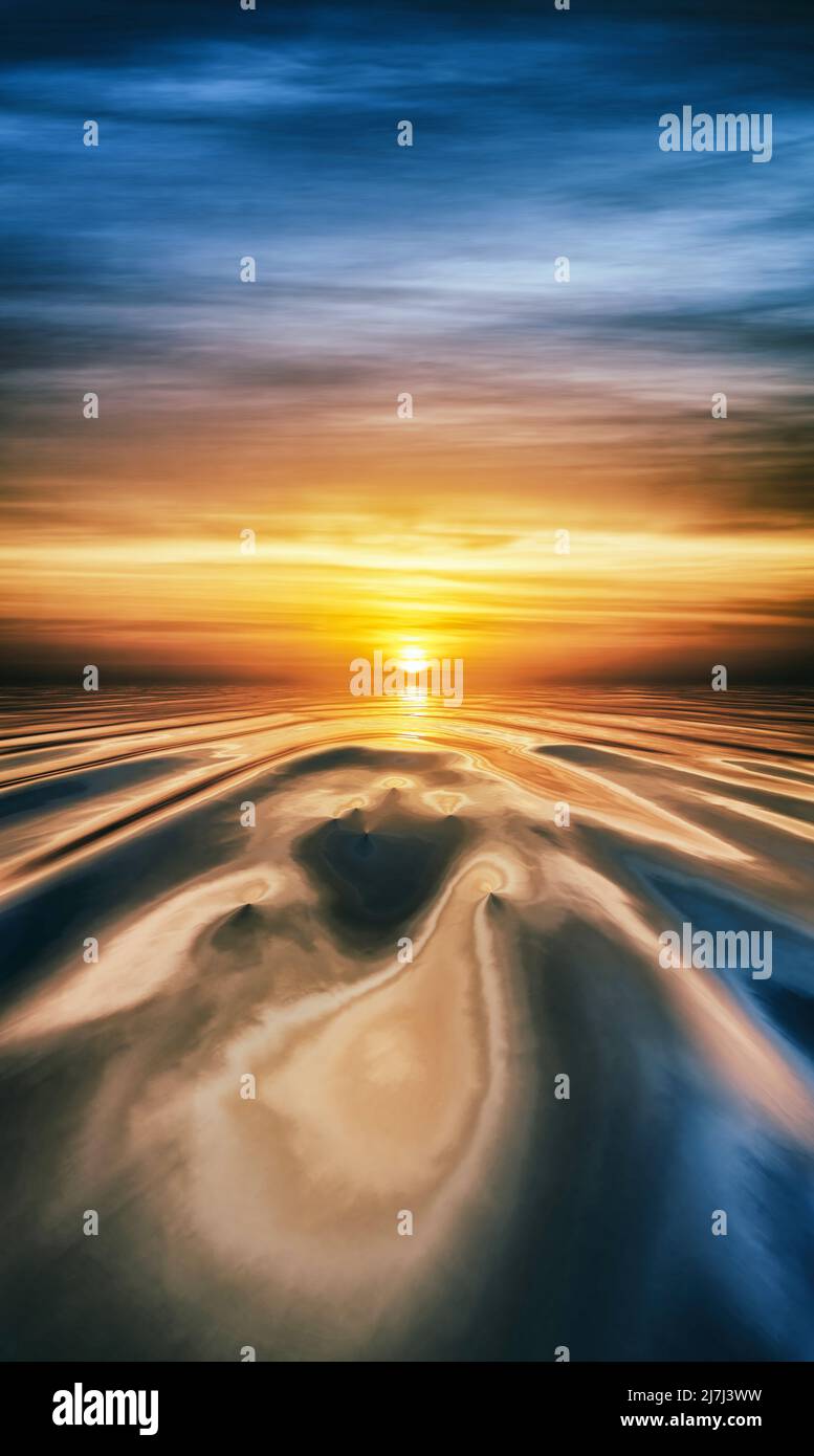 Highlights of the rising or setting sun and storm clouds reflected on ...