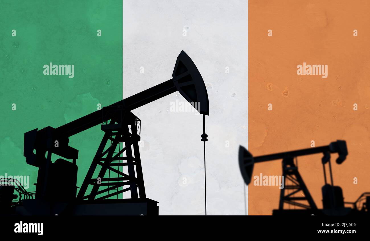 Oil and gas industry background. Oil pump silhouette against ireland ...