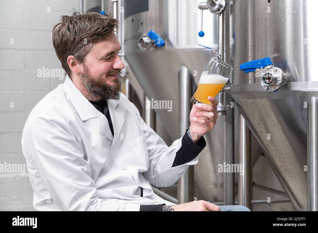 Brewer wearing white coat controlling process of beer fermentation ...