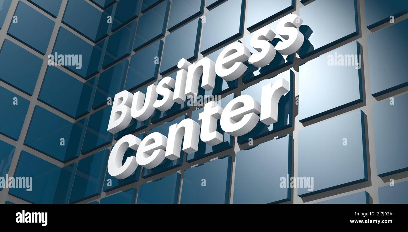 Business center word on building facade, 3d rendering Stock Photo - Alamy