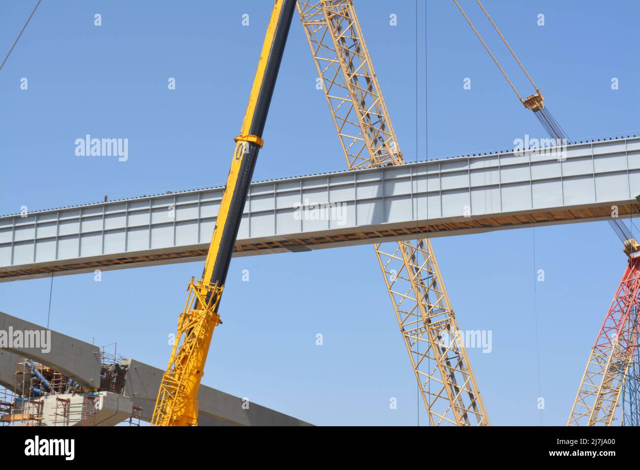 Cairo, Egypt, April 24 2022: Installing the steel bars of a new traffic ...
