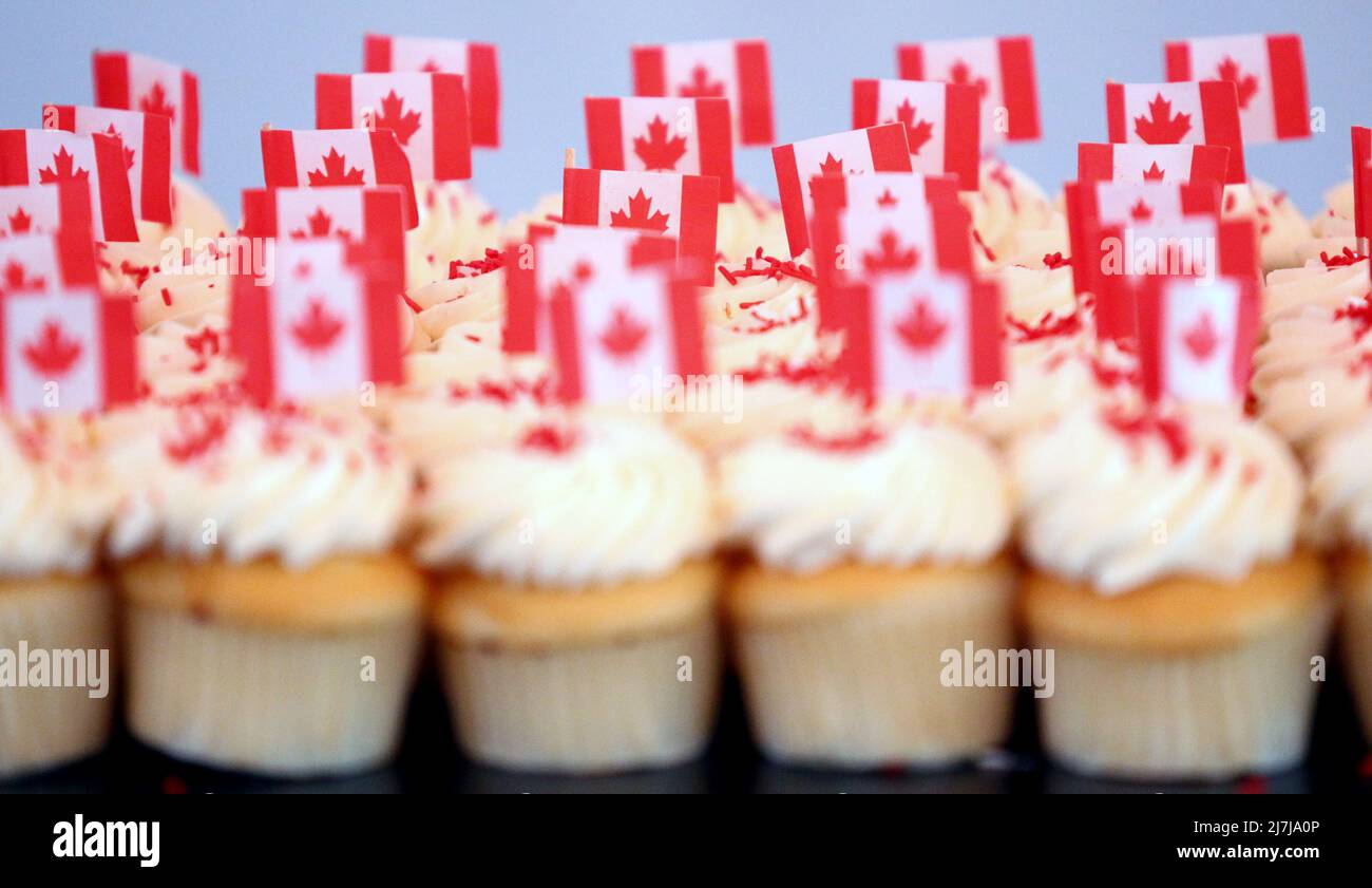 Canada flags decorate cupcakes in celebration of Canada Day Stock Photo ...