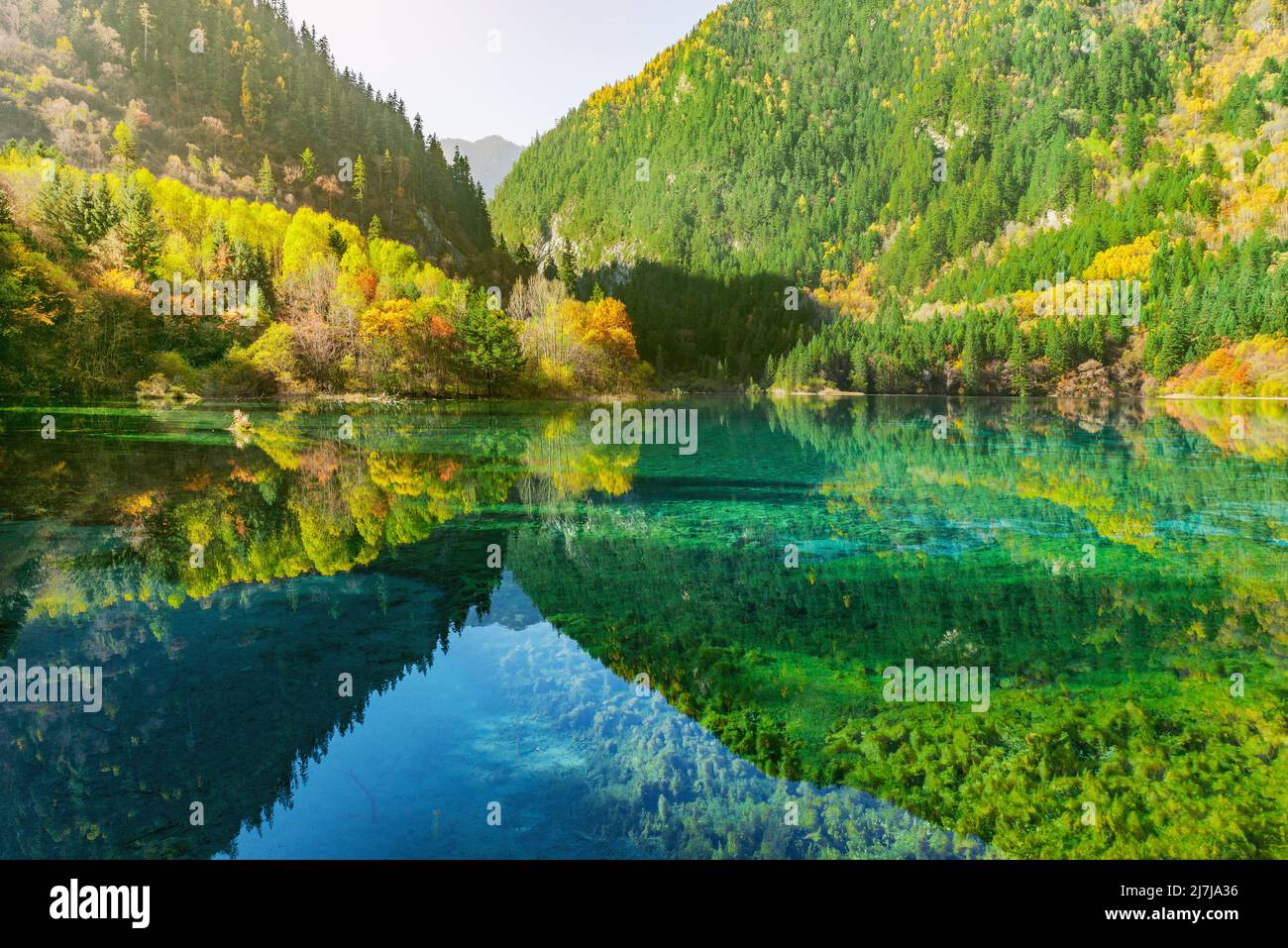 Five Flower Lake at autumn time. Jiuzhaigou nature reserve. Jiuzhai ...