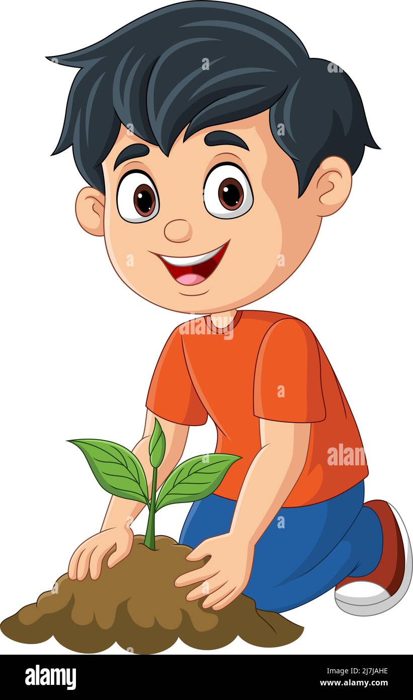 Cute little boy planting a plant Stock Vector Image & Art - Alamy