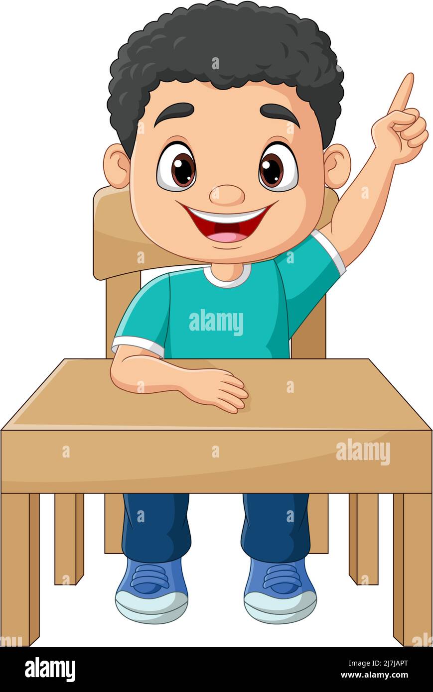 Cartoon little boy sitting on table with pointing up Stock Vector Image ...