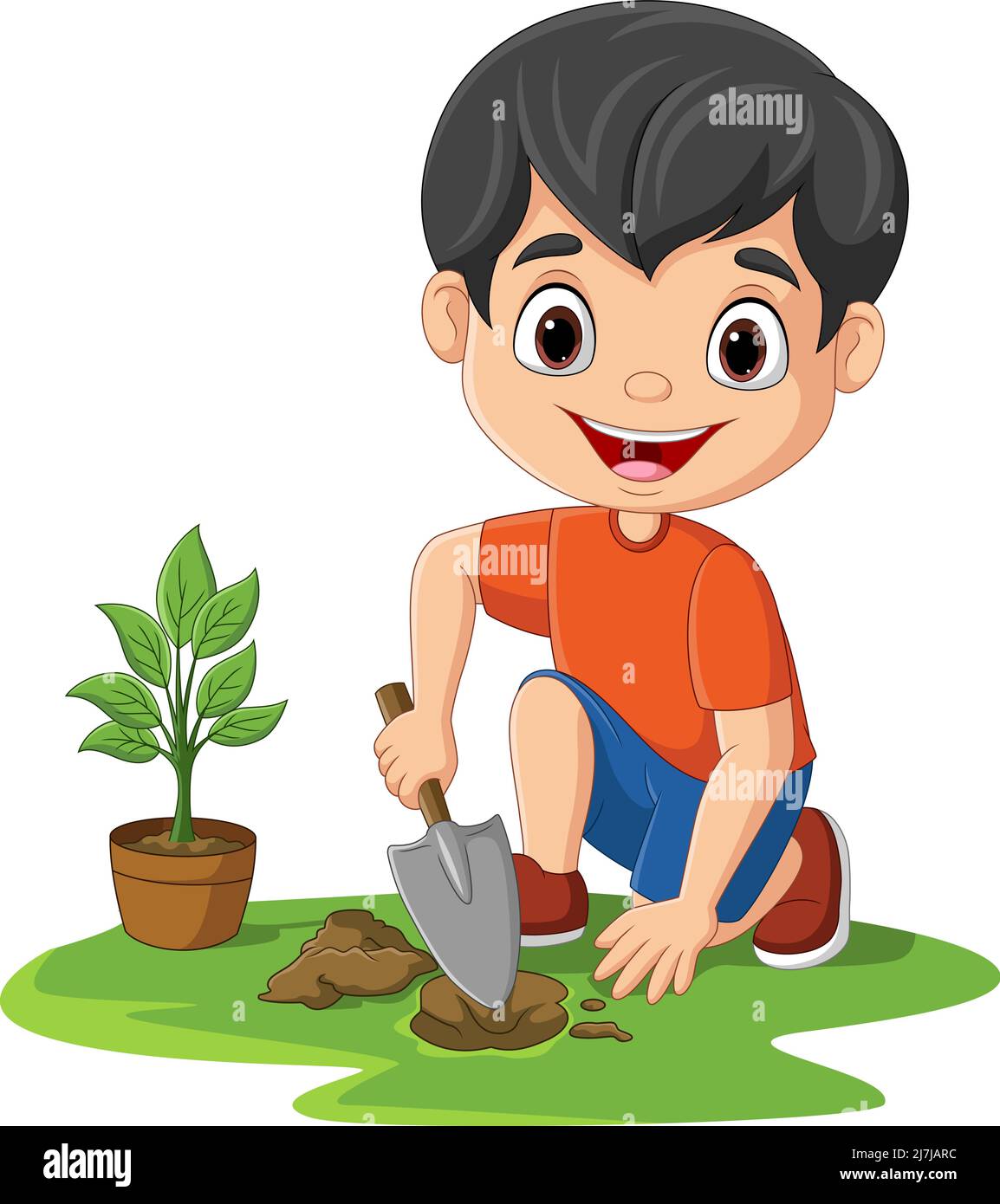 Cute little boy planting plants in the garden Stock Vector Image & Art ...