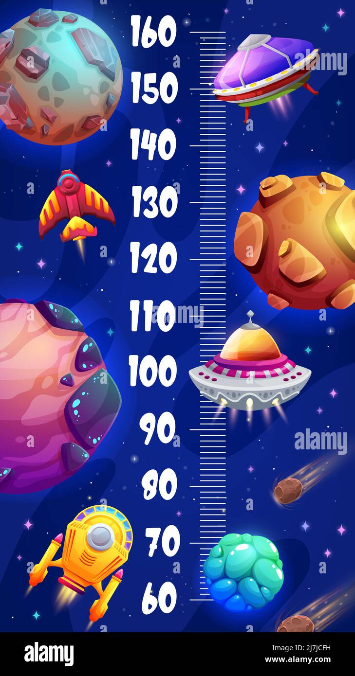 Kids height ruler ufo, spacecraft and starship in galaxy space. Cartoon ...