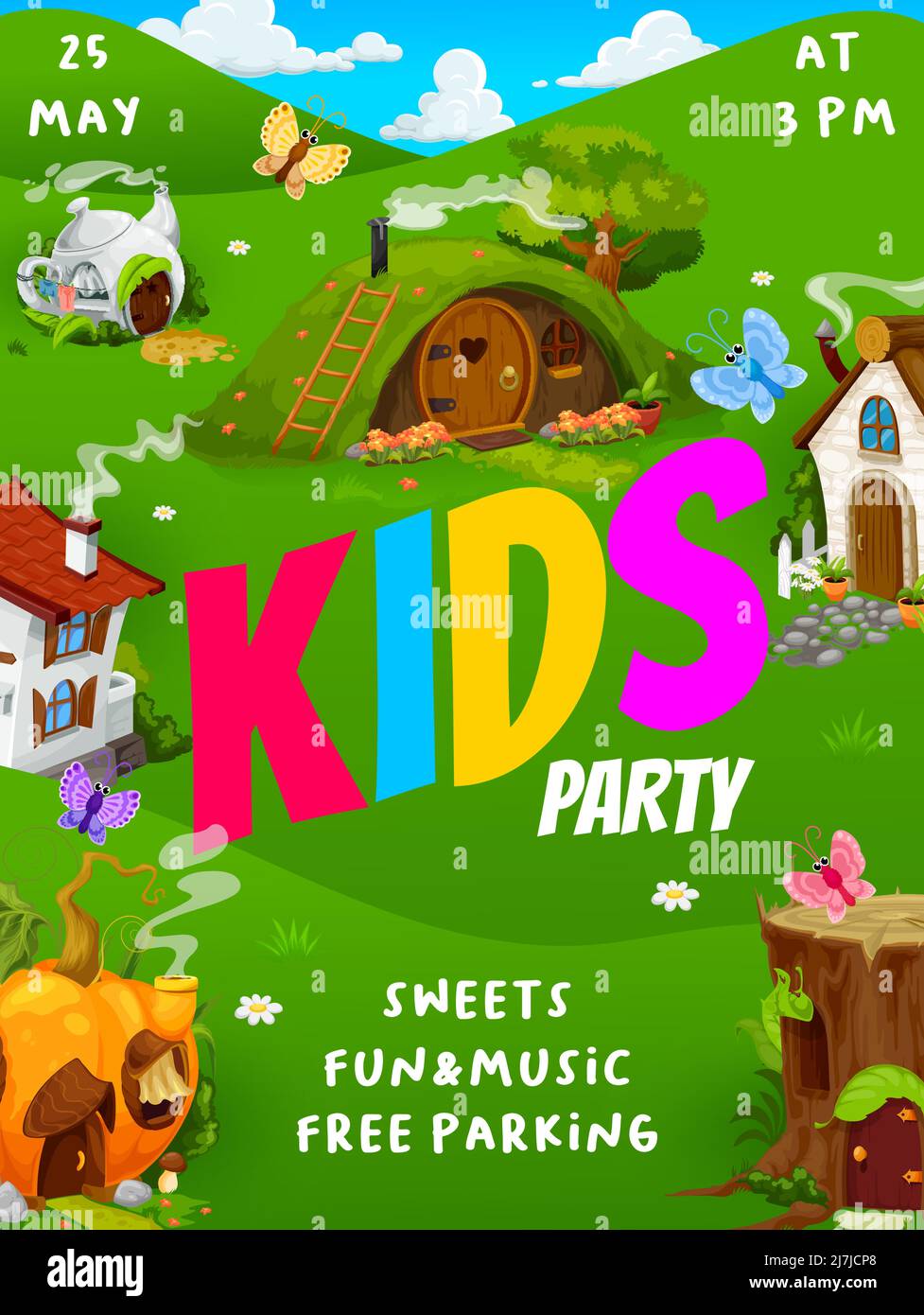 Kids party vector flyer with cartoon village of gnome and elf houses ...