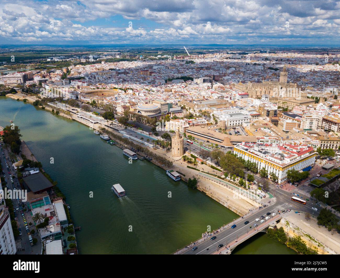 Aerial view Sevilla of city center with embankment of Guadalquivir ...