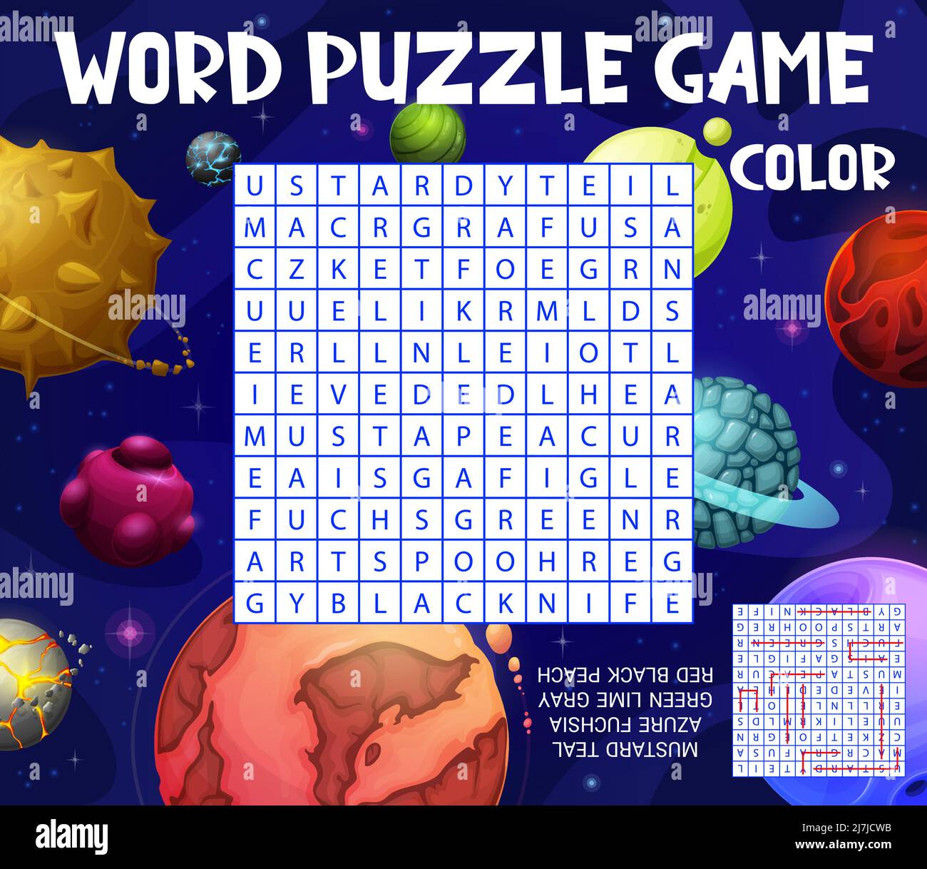 Cartoon galaxy space planets word search vector puzzle game worksheet ...