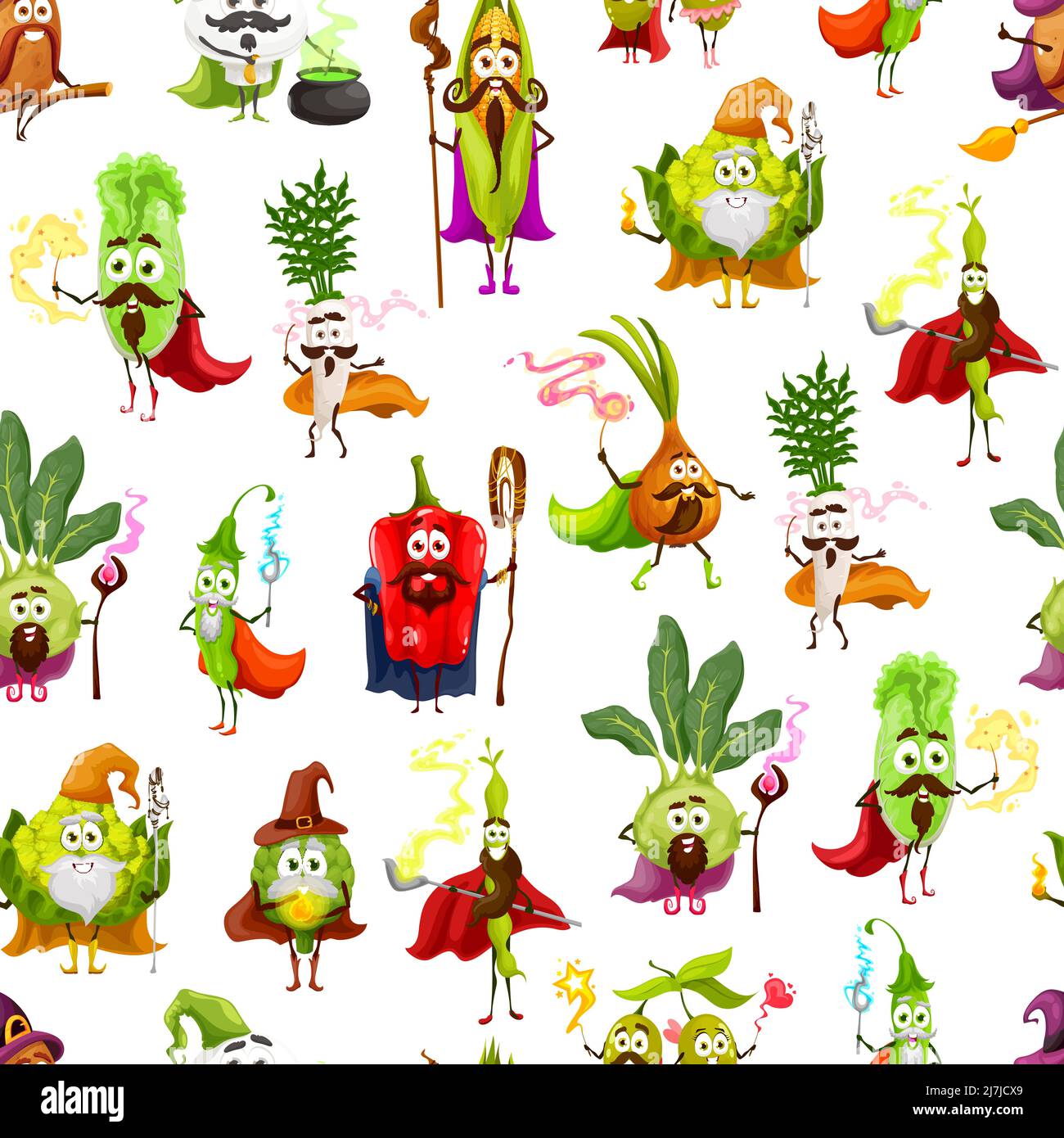 Cartoon wizards and mages vegetable characters seamless pattern, vector ...