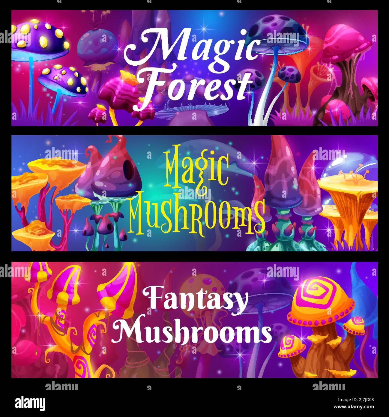 Magic luminous mushrooms in fairytale forest, vector banners with ...