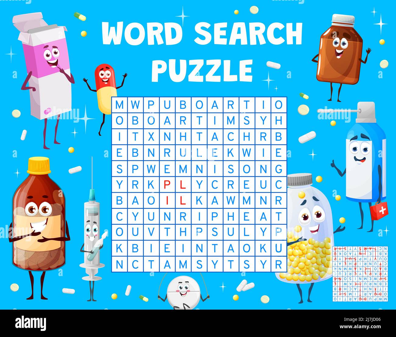 Cartoon pills and tablets on word search puzzle game worksheet. Kids ...