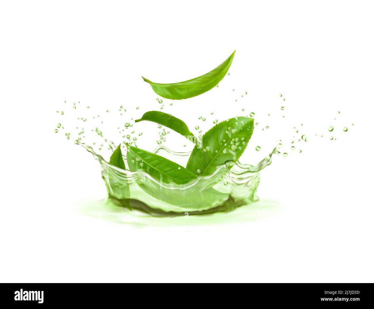 Herbal tea crown splash with green tea leaves and water drops ...