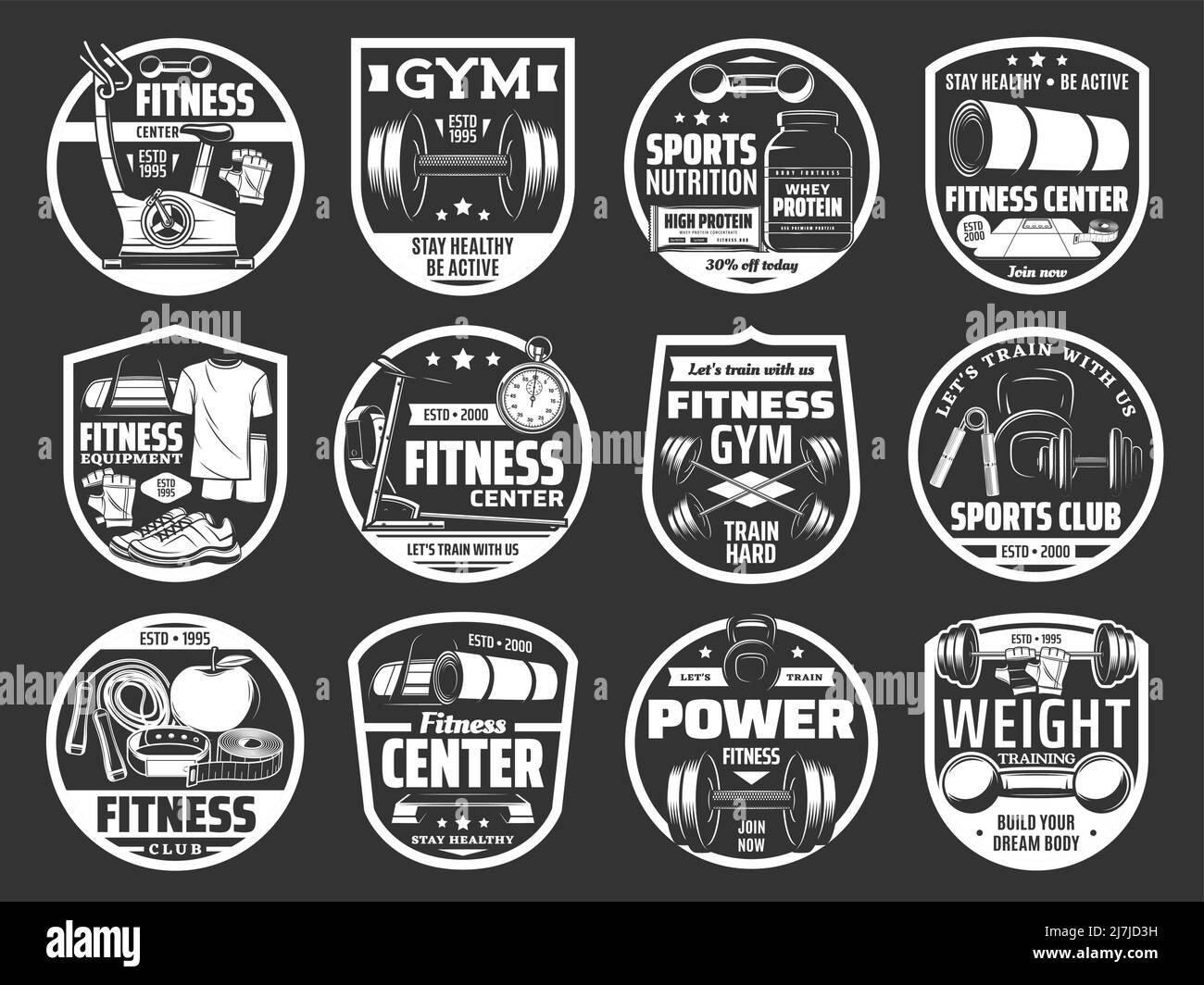 Sport tool and equipment isolated vector icons of gym, fitness and ...