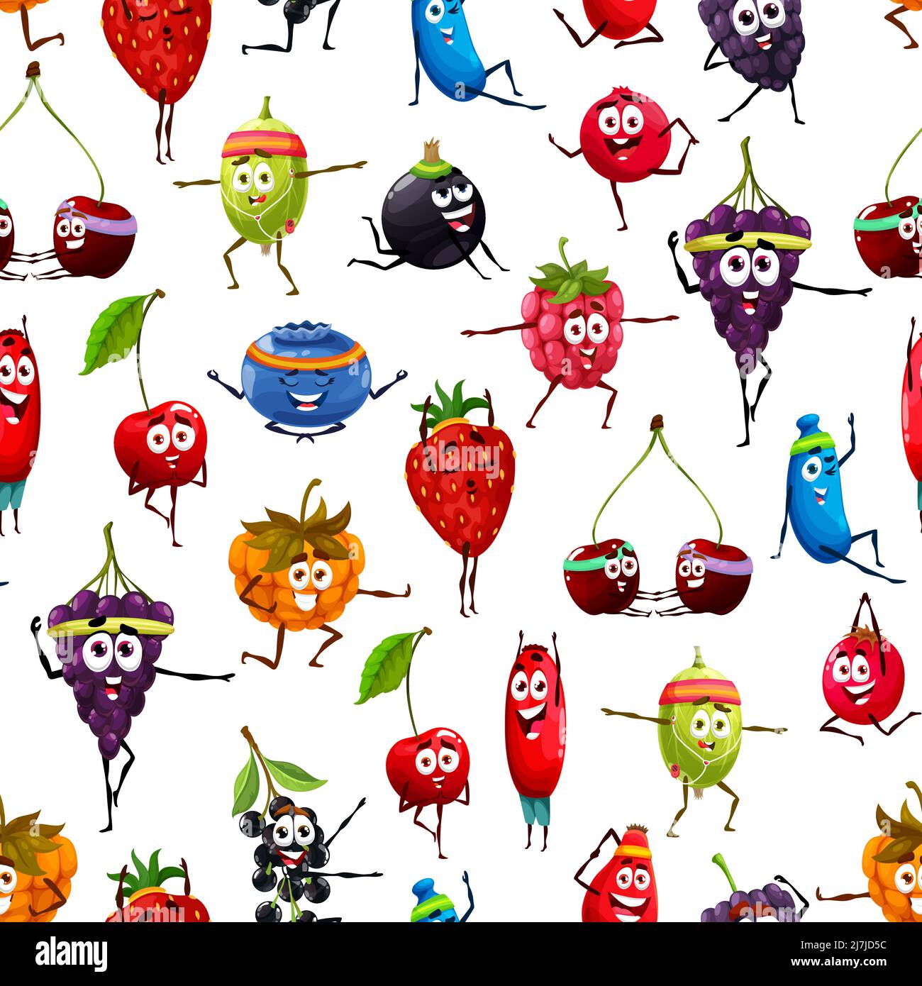 Cartoon berry fruits characters in yoga poses on seamless pattern ...