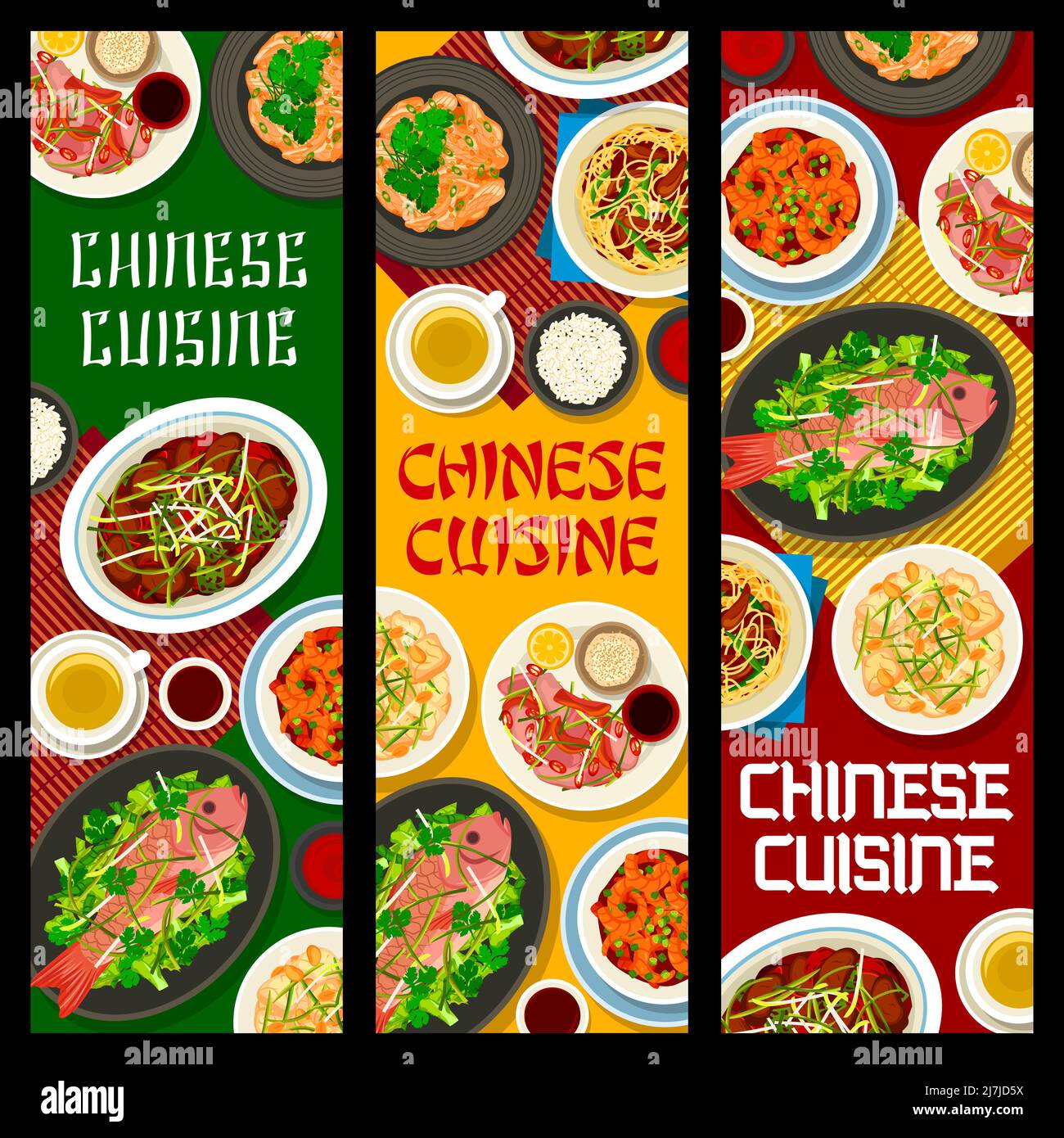 Chinese cuisine rice, seafood, vegetable and meat food vector banners ...
