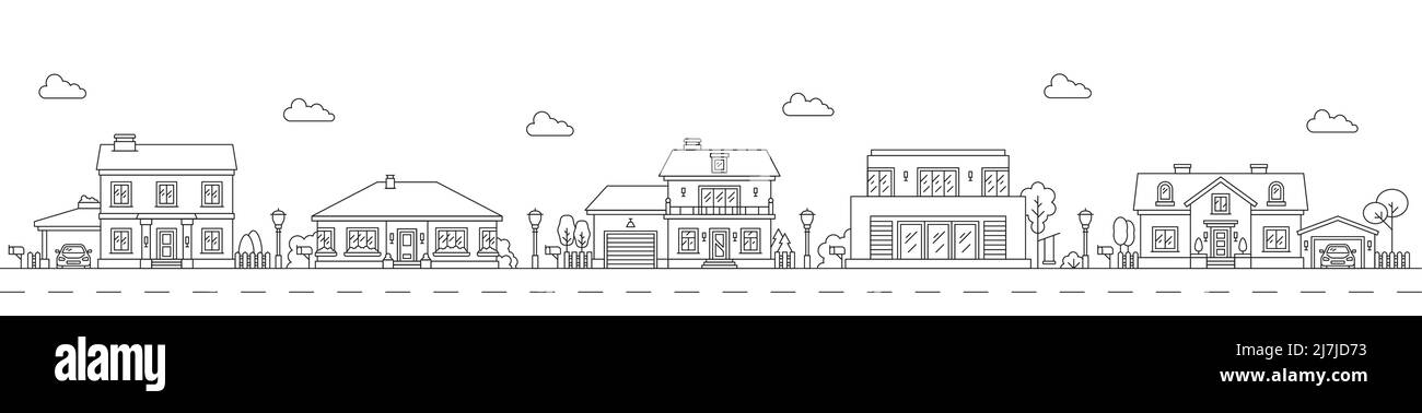 Neighborhood line art cityscape. Town city street with outline ...