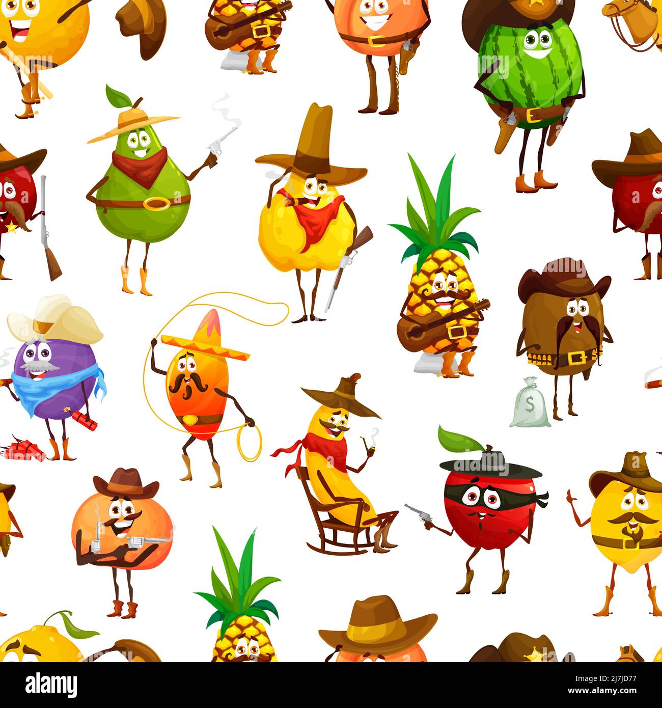 Cartoon cowboy, sheriff, robber, bandit and ranger fruits seamless ...