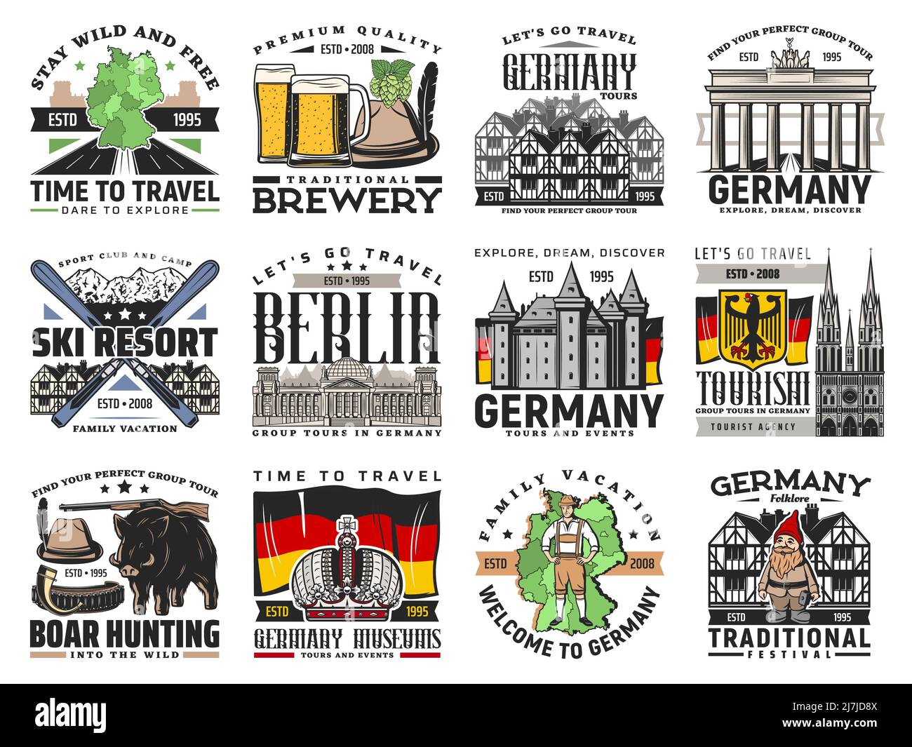 German travel vector icons with isolated flag and map of Germany ...