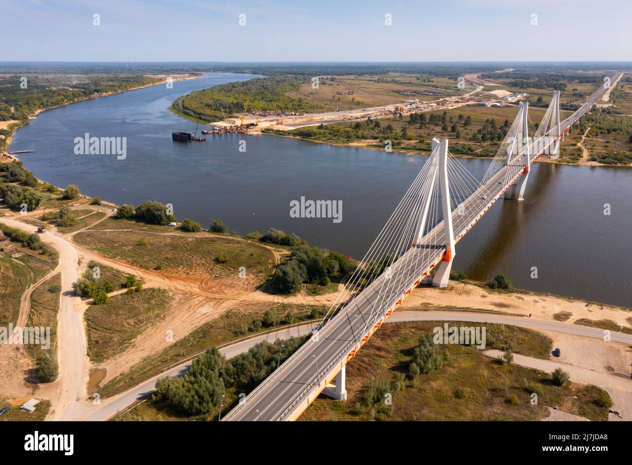 Aerial view of Murom cable bridge through Oka river, length of bridge ...