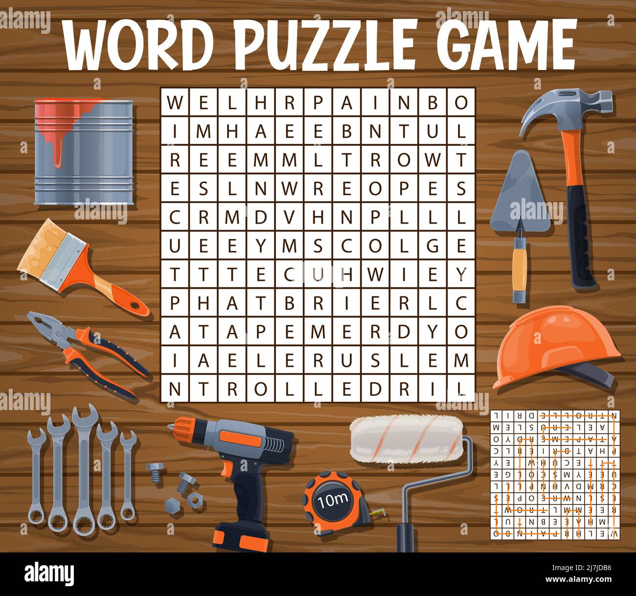 Builder tools, word search puzzle quiz game worksheet vector grid. Word ...