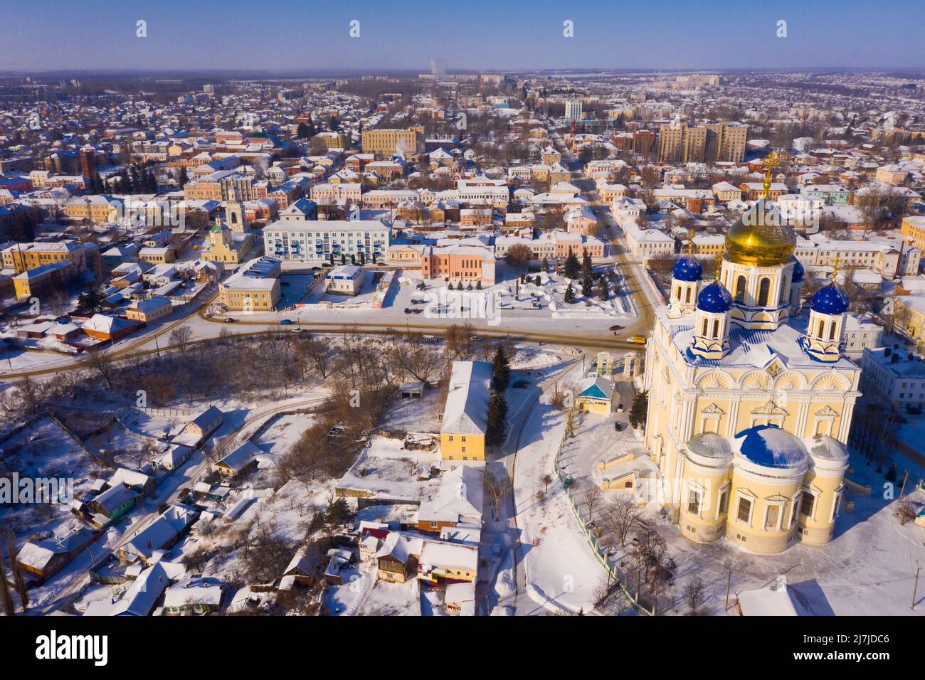 Aerial view of Yelets winter cityscape and Ascension Cathedral Stock ...