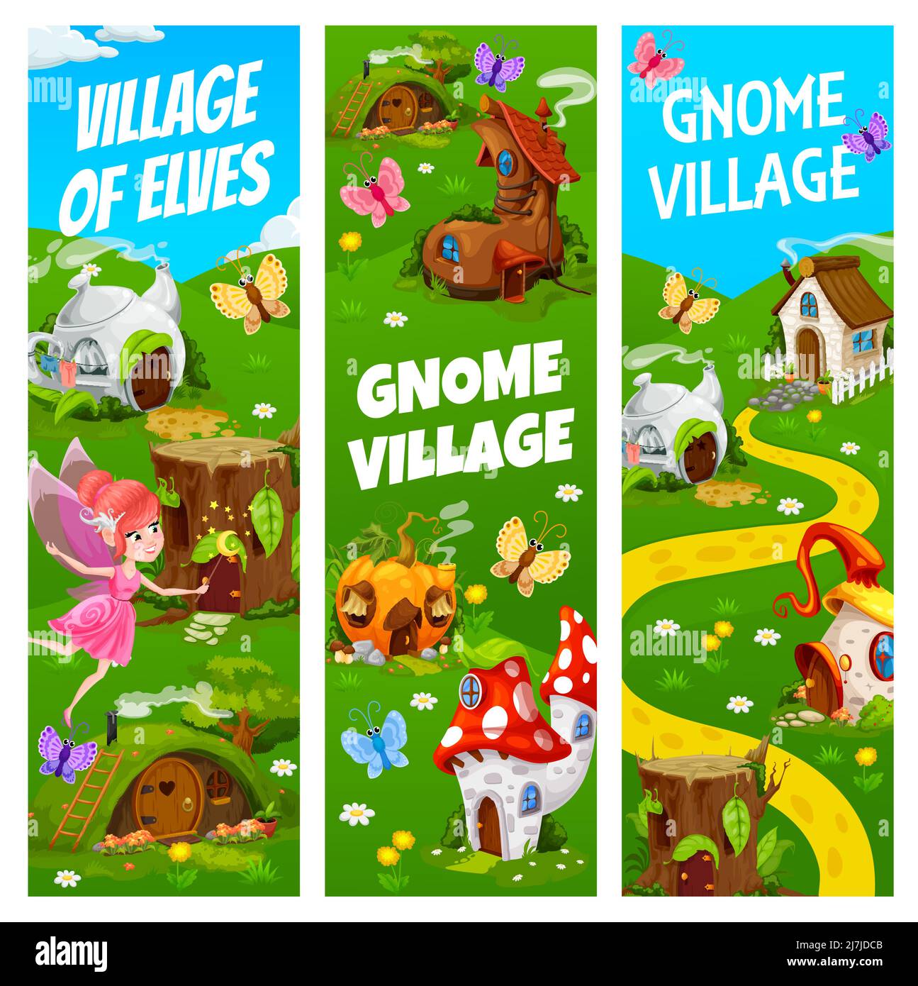 Fairy village of gnome and elf houses cartoon banners. Vector amanita ...