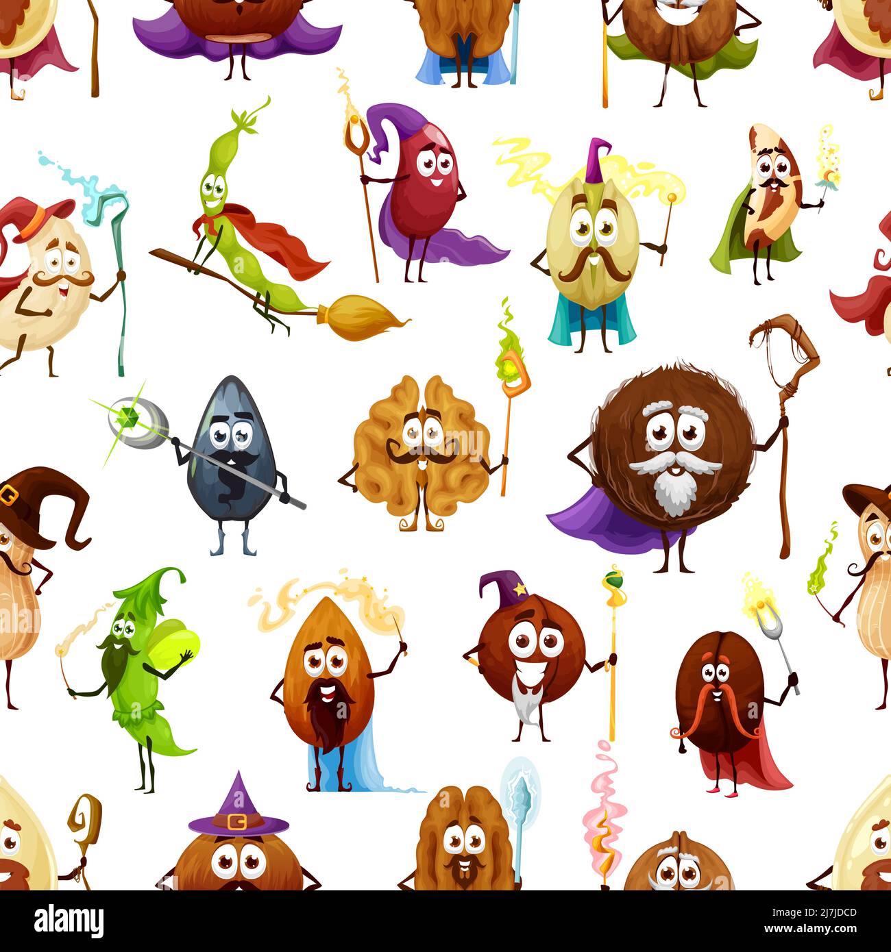 Cartoon nuts and beans wizards, mages and warlocks, vector seamless ...