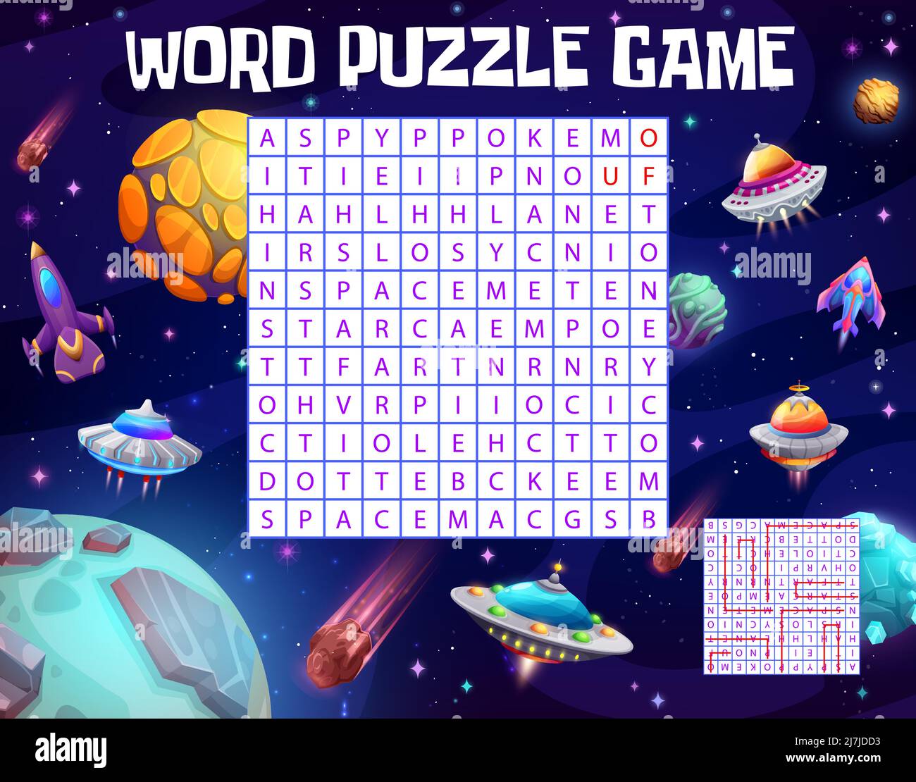 Ufo, spacecraft and starship in galaxy word search puzzle game ...