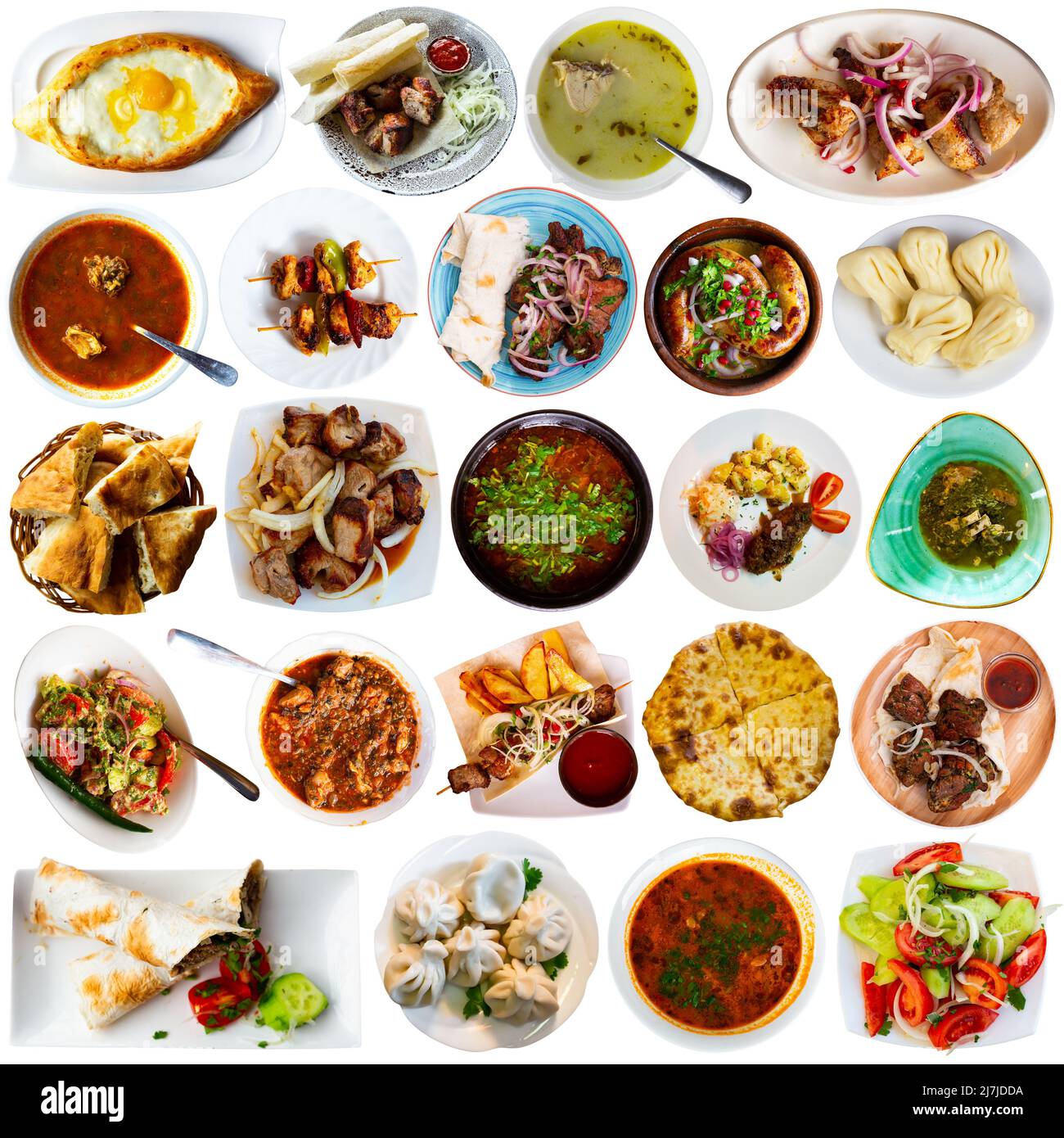 Collection of various traditional Georgian dishes isolated on white ...