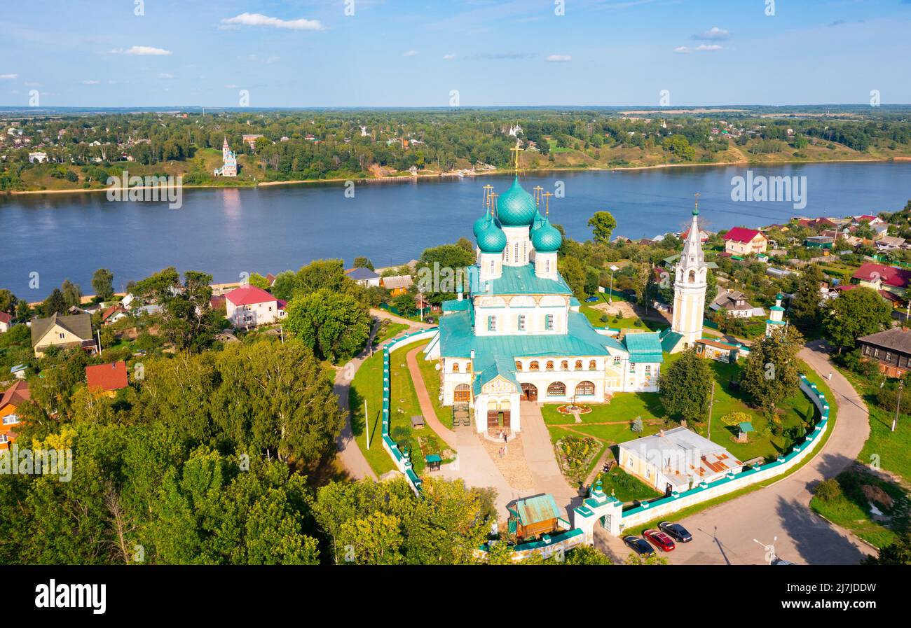 View from drone of Collegiate Church of Resurrection in Tutayev, Russia ...